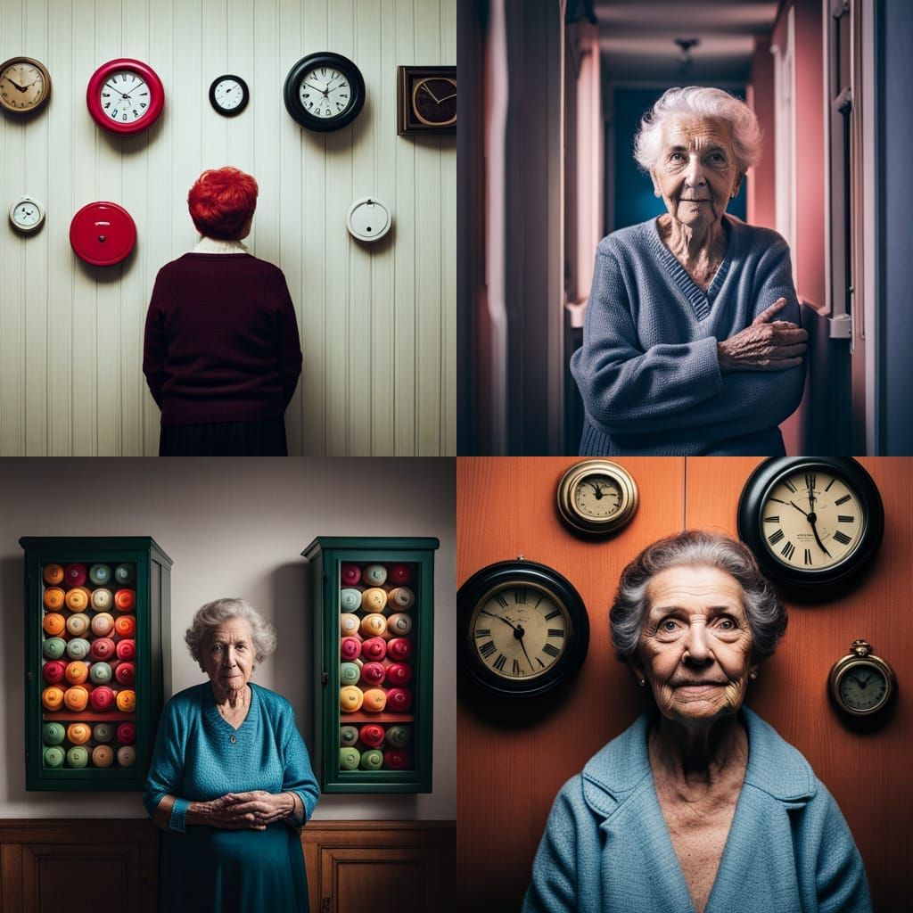 Elderly woman in a room of colourful clocks, holding a clock, realistic ...