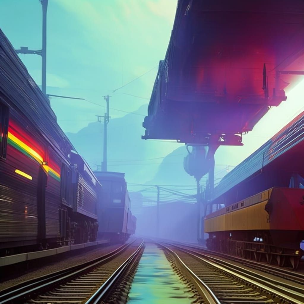 trains move along railway tracks in the air in psychedelic recursion ...