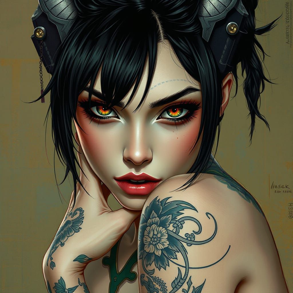 Valkyrie in Emo Style with Intricate Tattoos and P... - AI Art