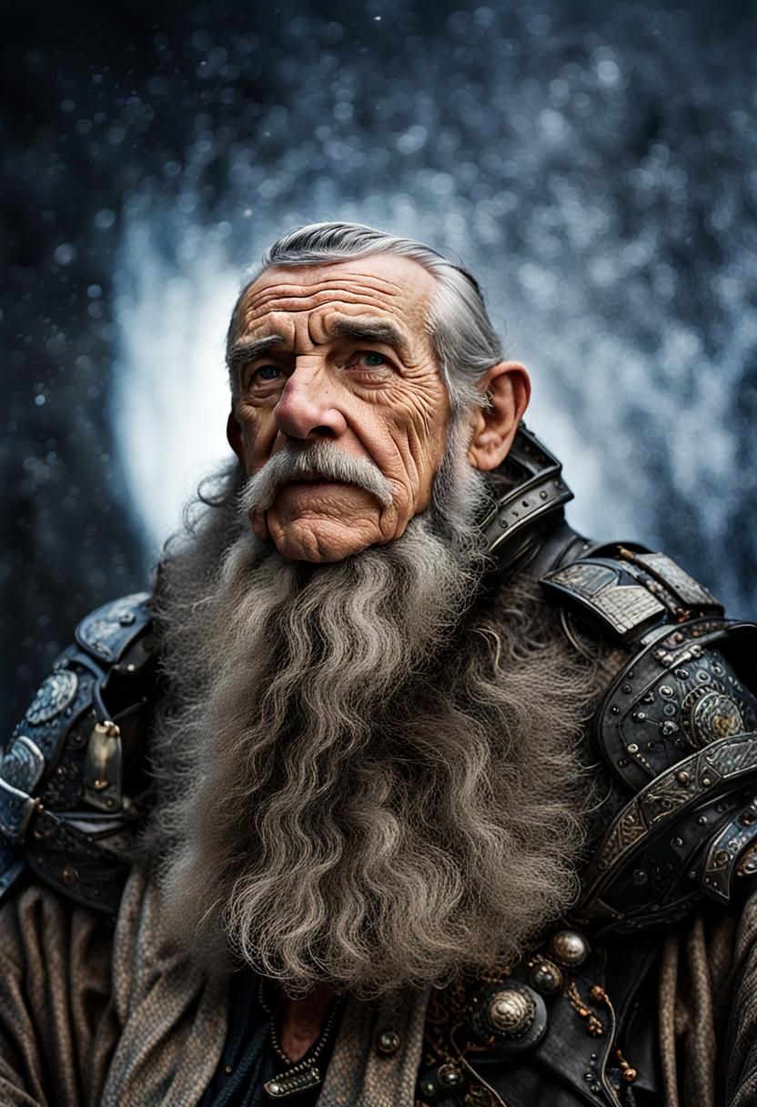 old dwarf, very large wide nose, grey hair, grey twisted beard ...