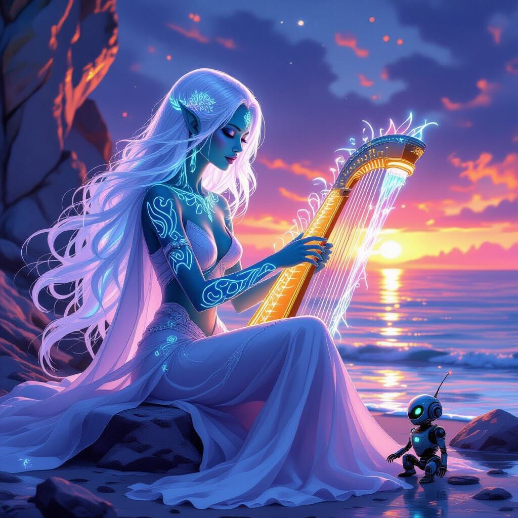 Luminescent Alien Empress Playing Light Harp - AI Art