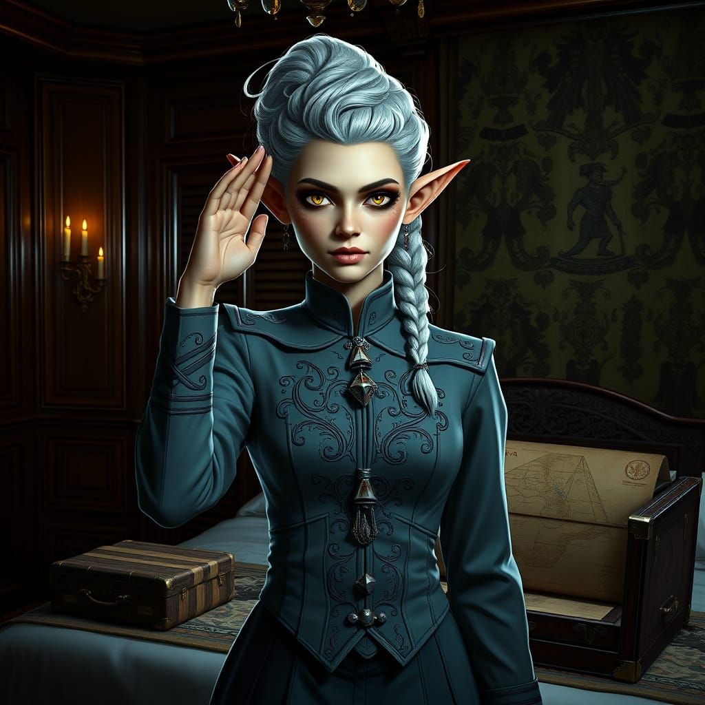 Wood Elf Innkeeper Salutes with Honor and Wisdom - AI Art