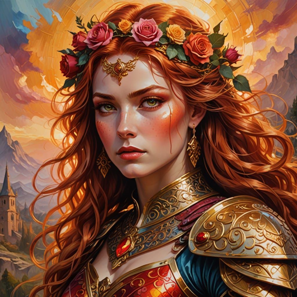 Fierce and Romantic Fantasy Goddess in Vibrant Oil... - AI Art