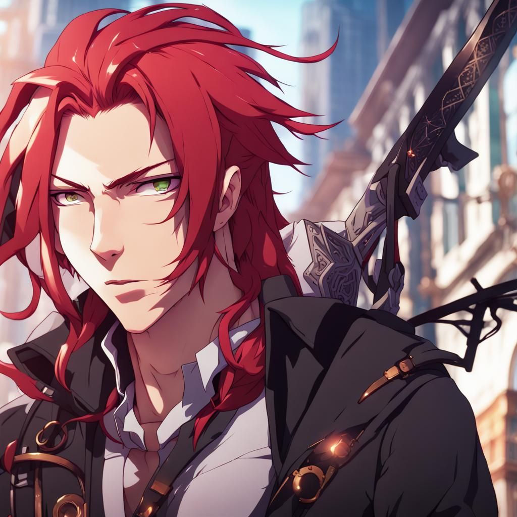 A guy with a long red hair, angle:front view, art style: jinx, Anime ...