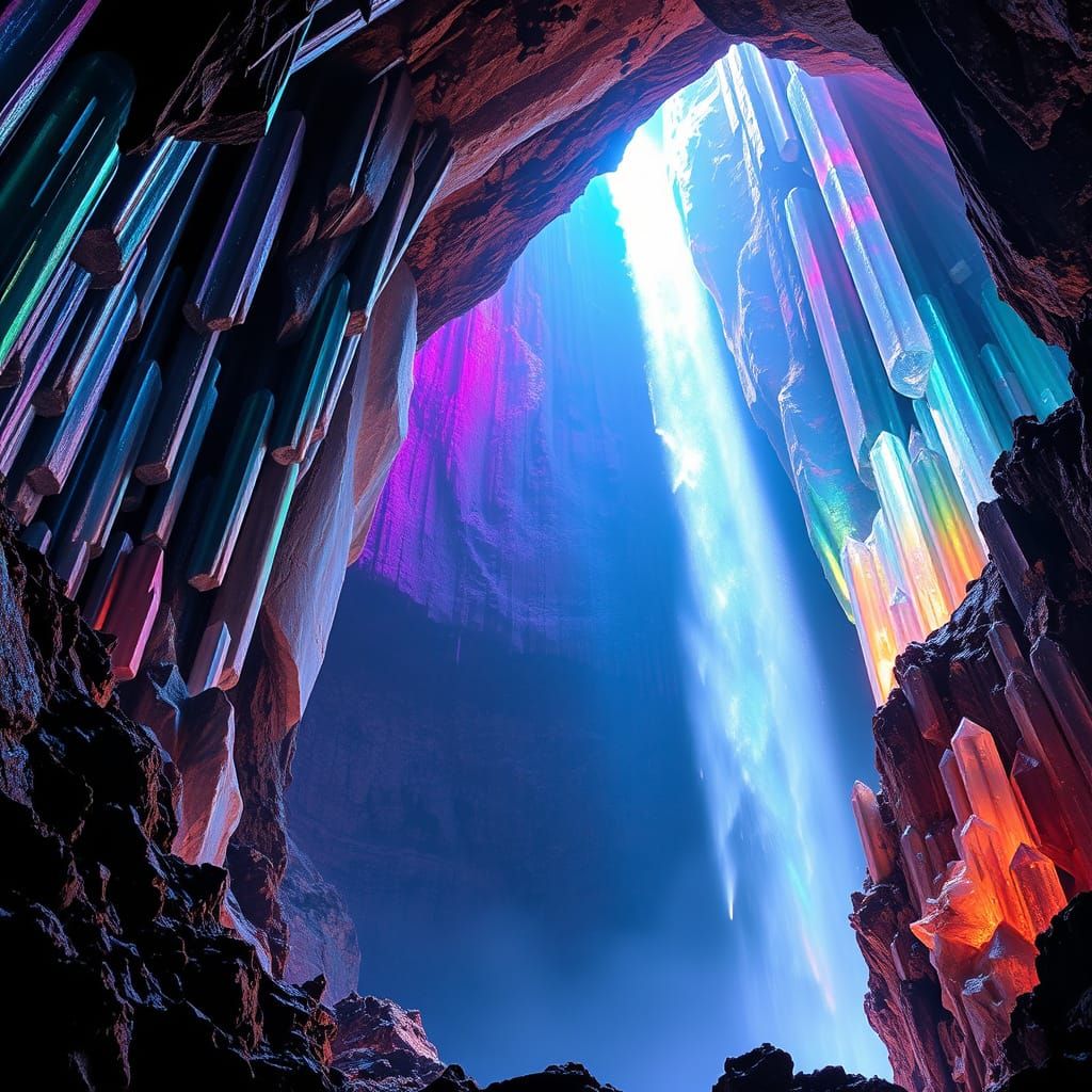 Dreamlike Iridescent Waterfall Amidst Towering Cry... - AI Art