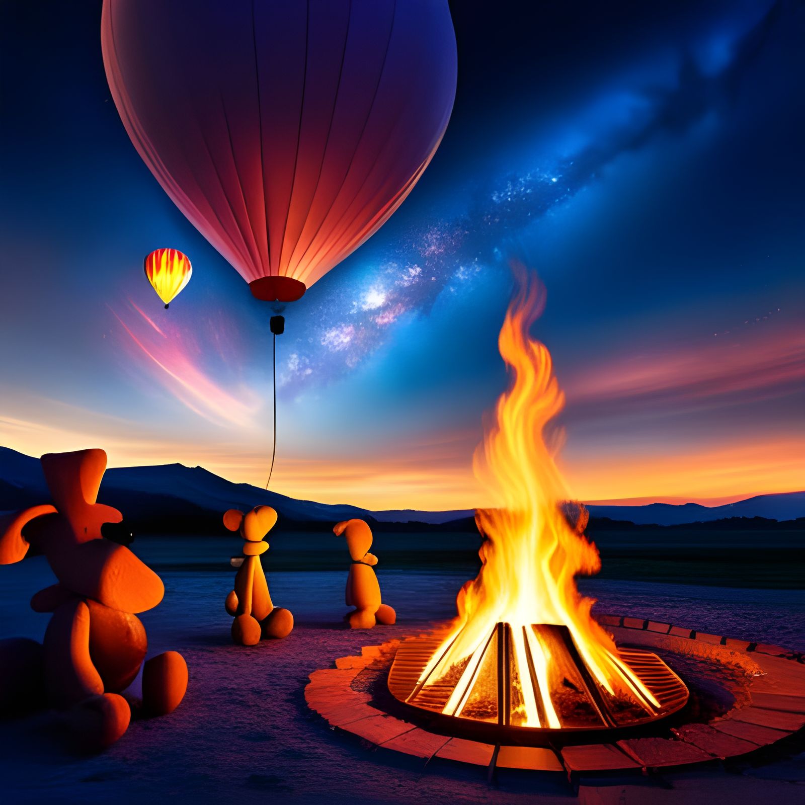 campfire, centered; garden in the style by Dr. Seuss; balloon dogs ...
