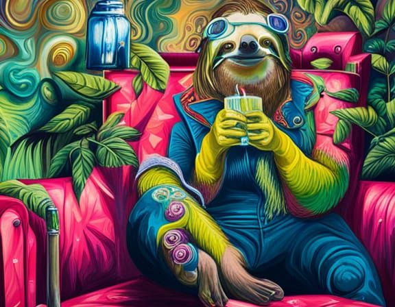 Sloth with curlers innehieltet long hair sitting relaxed on a couch ...