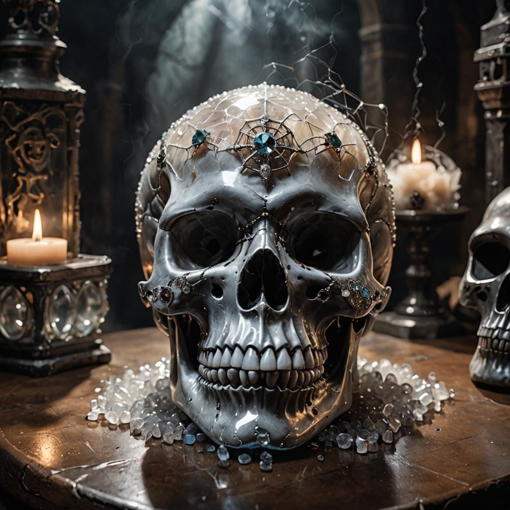 A crystal clear skull with gems setting on a table in a dungeon with ...