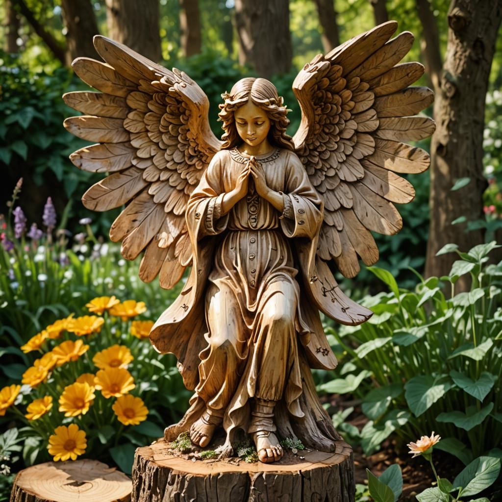 Garden Angel - Intricate Angel Carving in a Garden Setting