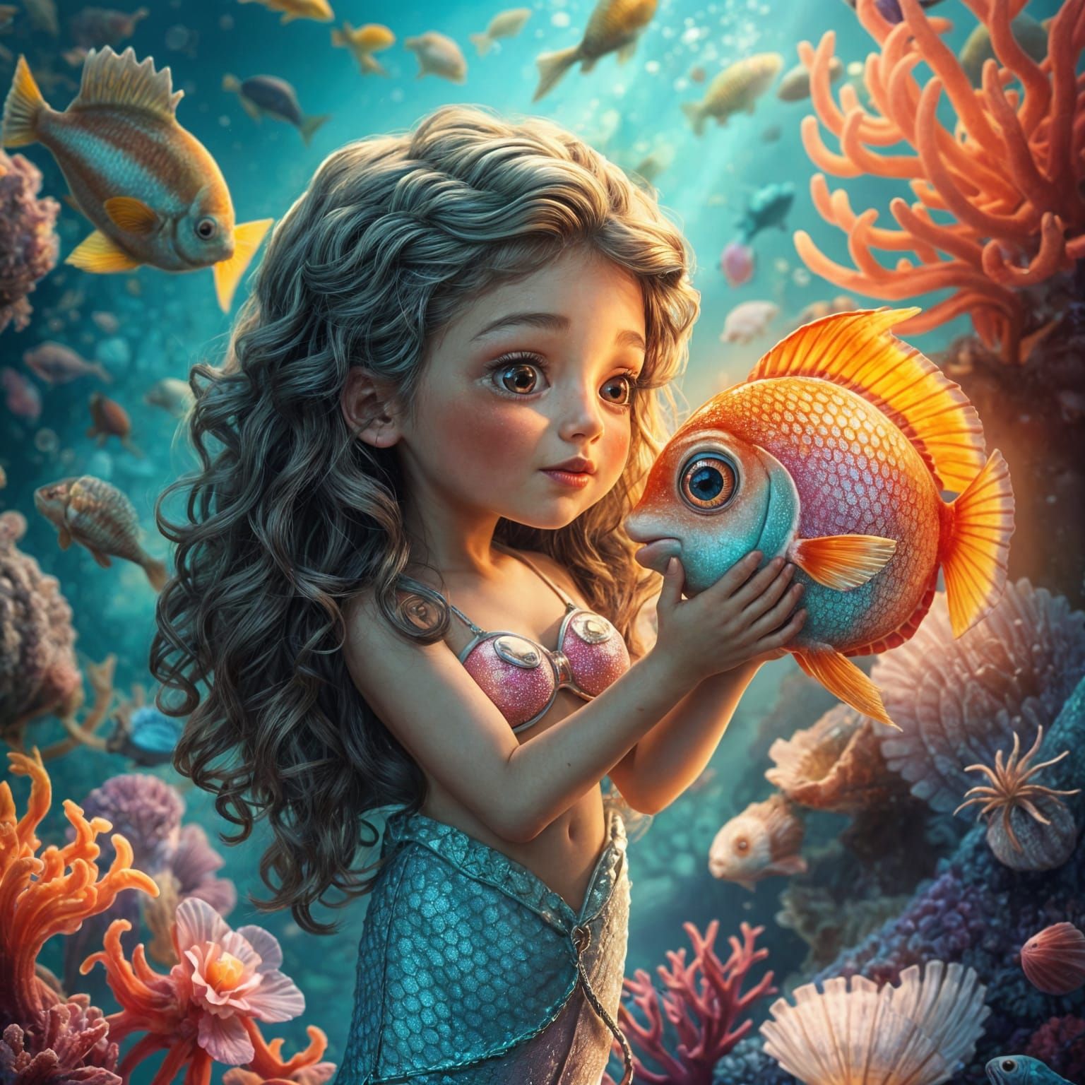 A little girl mermaid in an enchanted underwater sea with glowing ...
