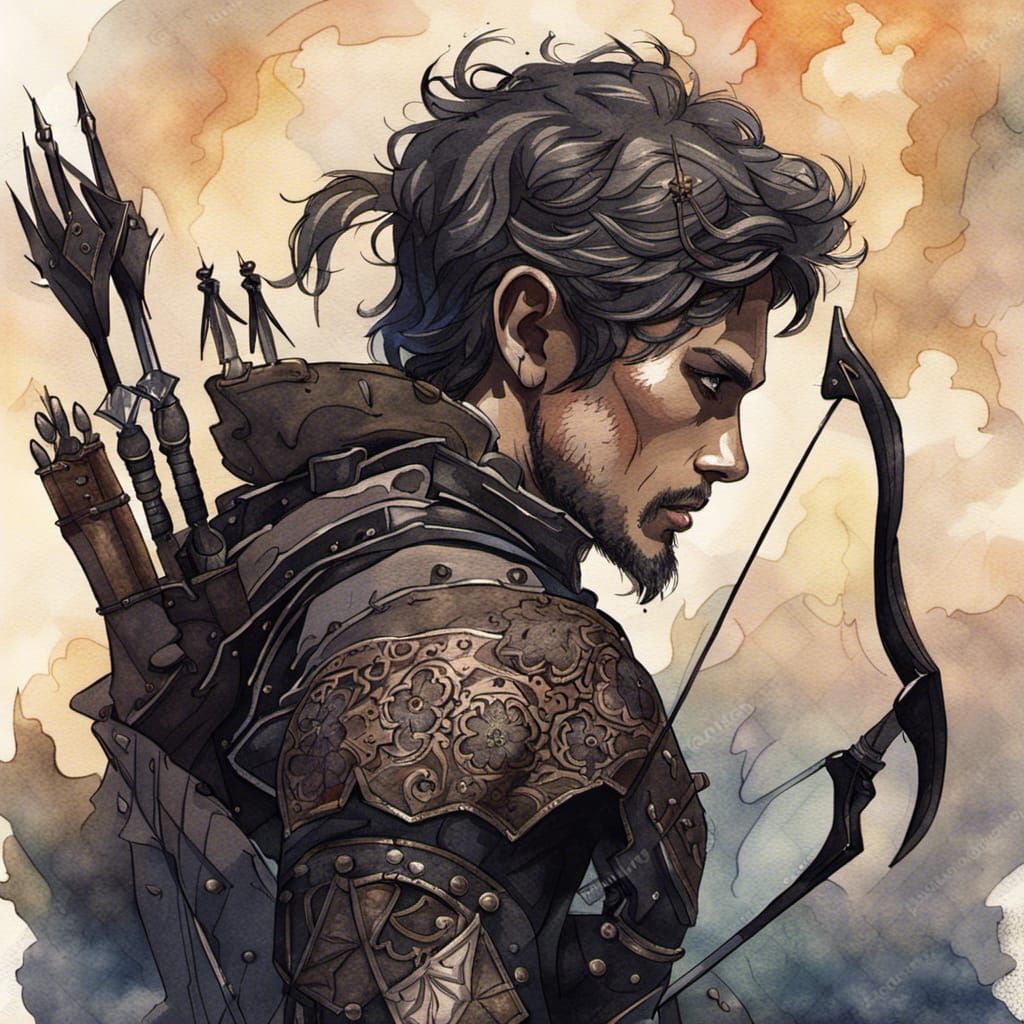 silhouette of a human archer, handsome face, leather armor, front view ...