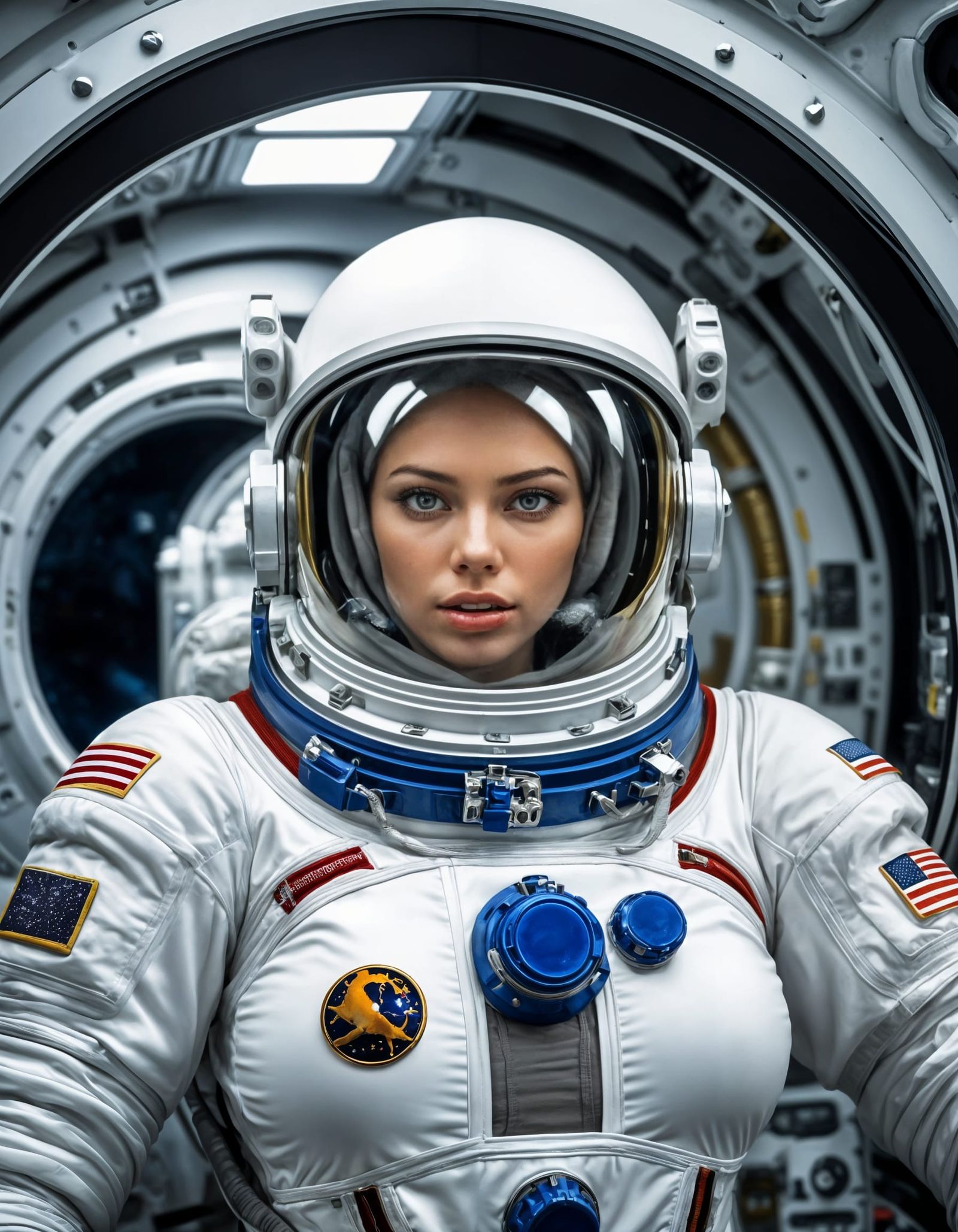 055 A beautiful female astronaut wearing a white spacesuit.