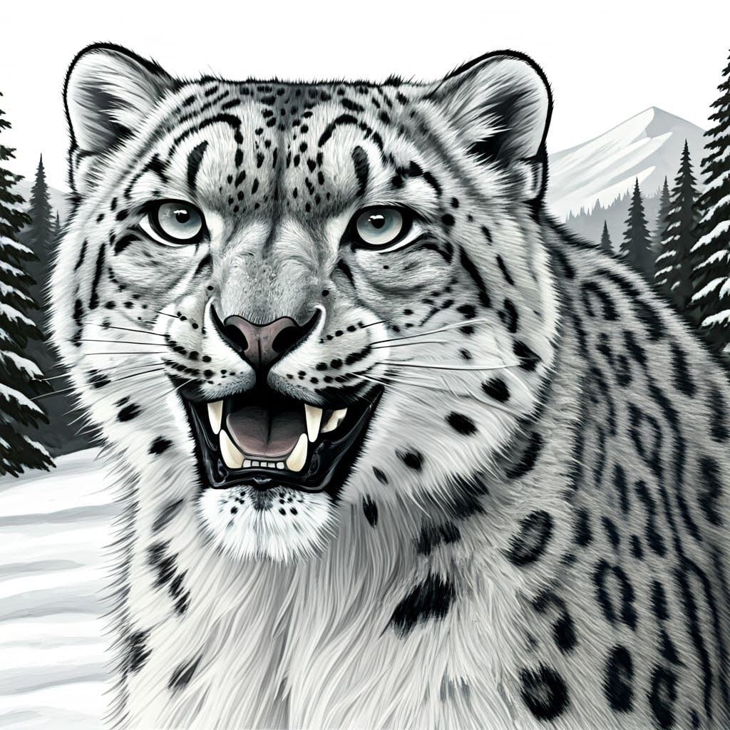 Majestic Snow Leopard in a Snowy Mountainous Fores... - AI Art