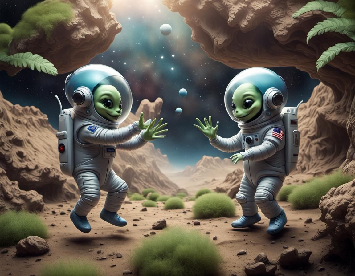 2 cute adorable aliens doing a leaping highfive, in space suits ...