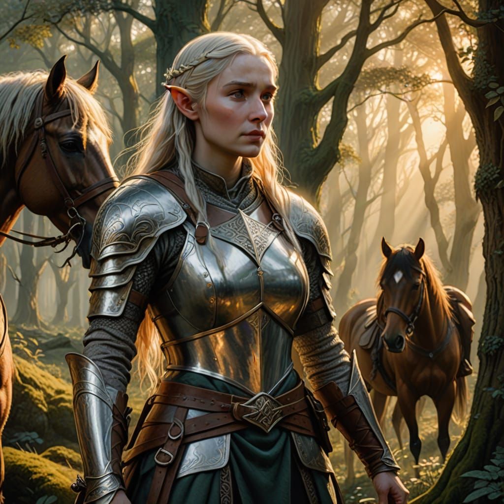 Elegant Fantasy Elf in Misty Forest Dawn - AI Art