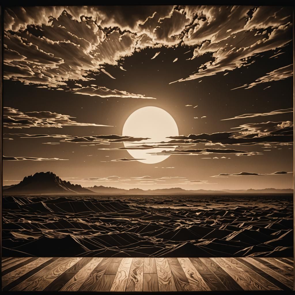 marquetry, apocalyptic, pattern border, split image, sepia and black ...