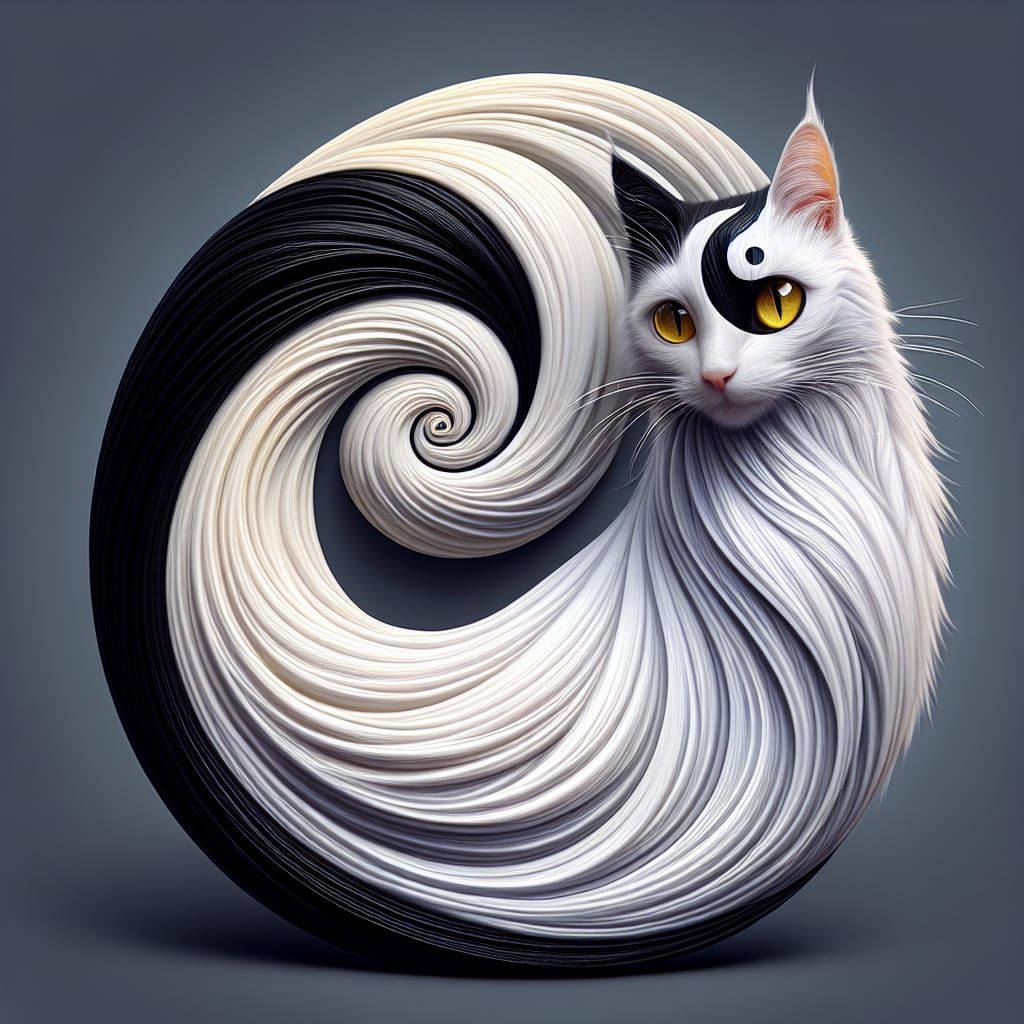 Surreal Black & White Cat - Gothic Surrealism Cat in Swirled...
