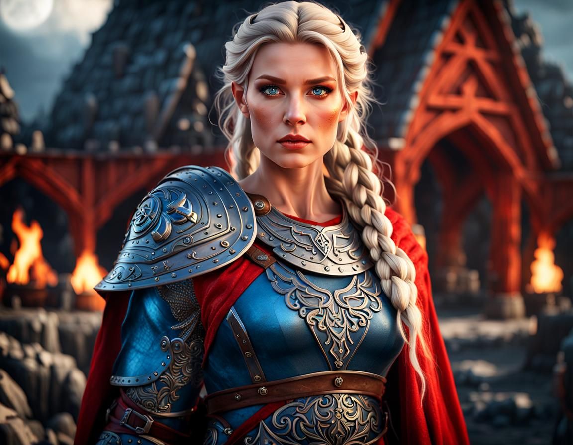 Very powerfully built viking warrior woman, blue-gray eyes light hair ...