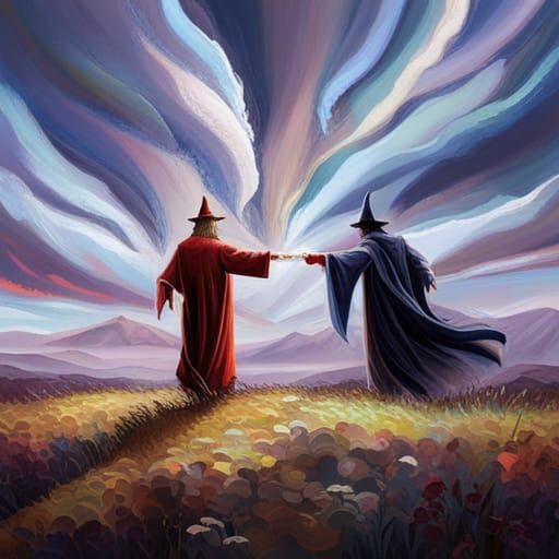 A wizard and a warlock having a duel in a field in England. - AI ...