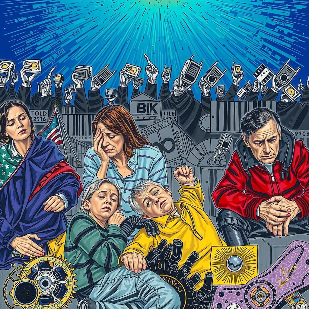 a series of parallel dark and light lines slumped, defeated posture ...