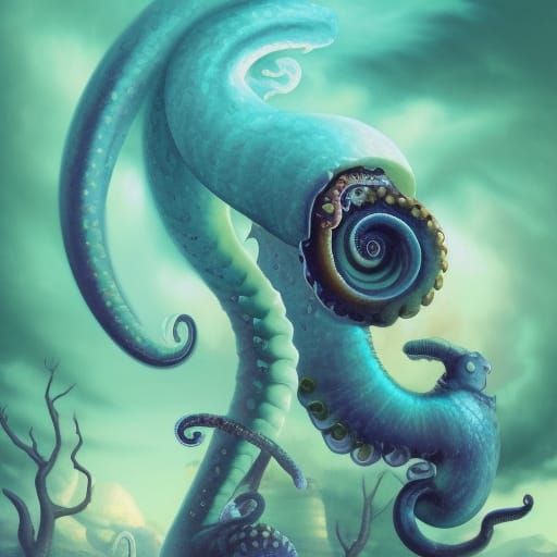 vaporwave teal colored grim reaper holding a grotesque prehistoric ...