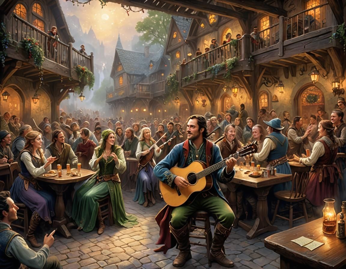 one elven bard singing songs on a stage in a crowded tavern ethereal ...