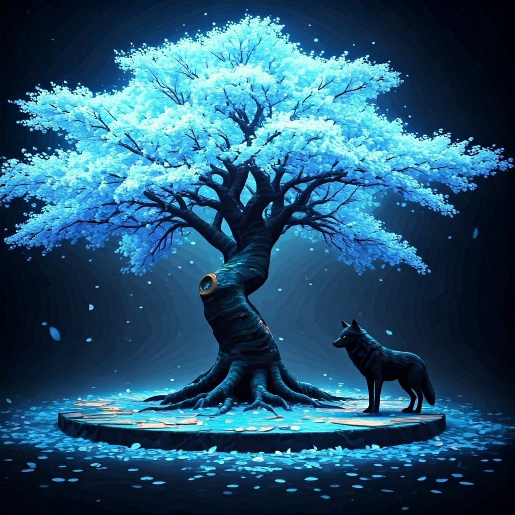 Blue cherry blossom tree with a black wolf next to it
