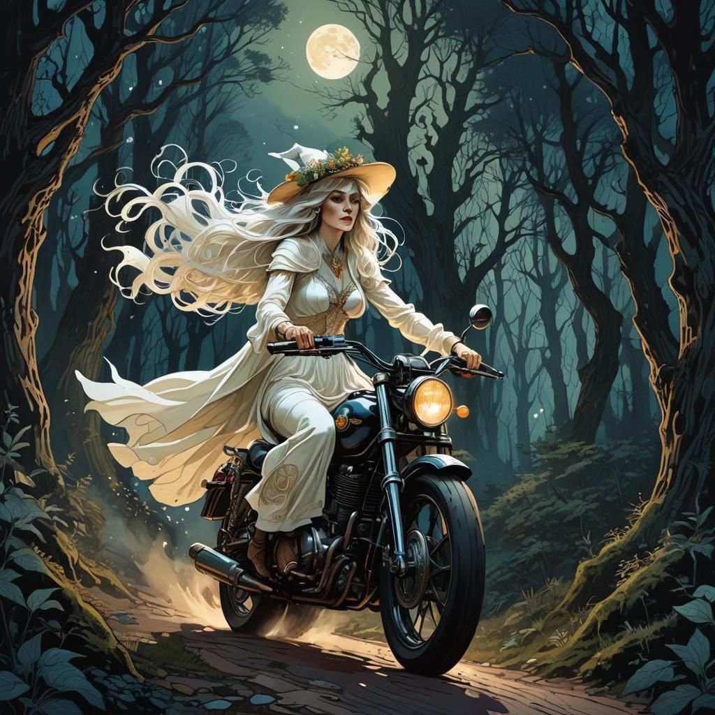 Witch riding a motorbike - AI Generated Artwork - NightCafe Creator