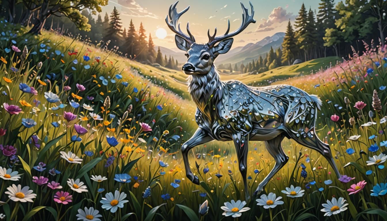 a silver crystal dear frolicking through a flower meadow Hyperrealistic ...
