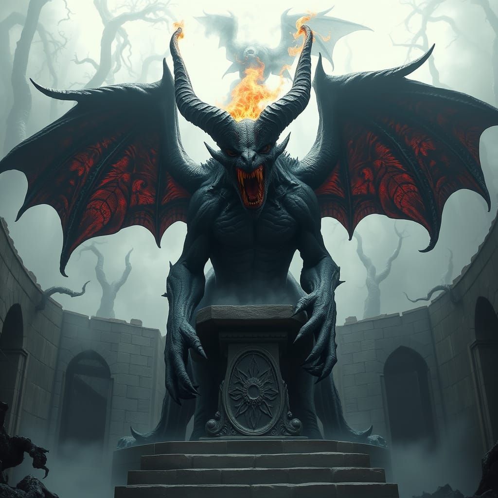 Fierce Demon Perched on Ancient Altar - AI Art