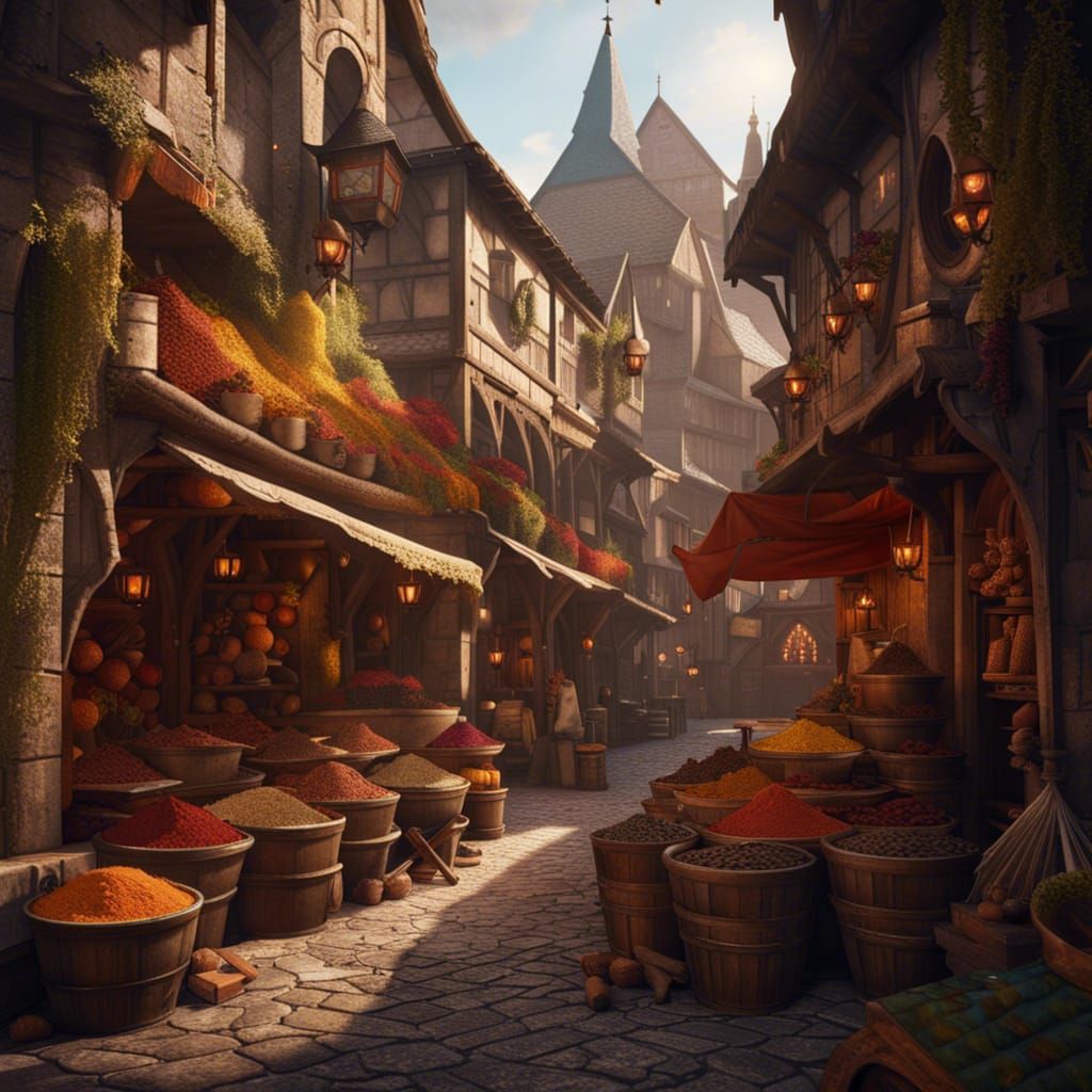 Medieval spice market in the town square detailed matte painting, deep ...