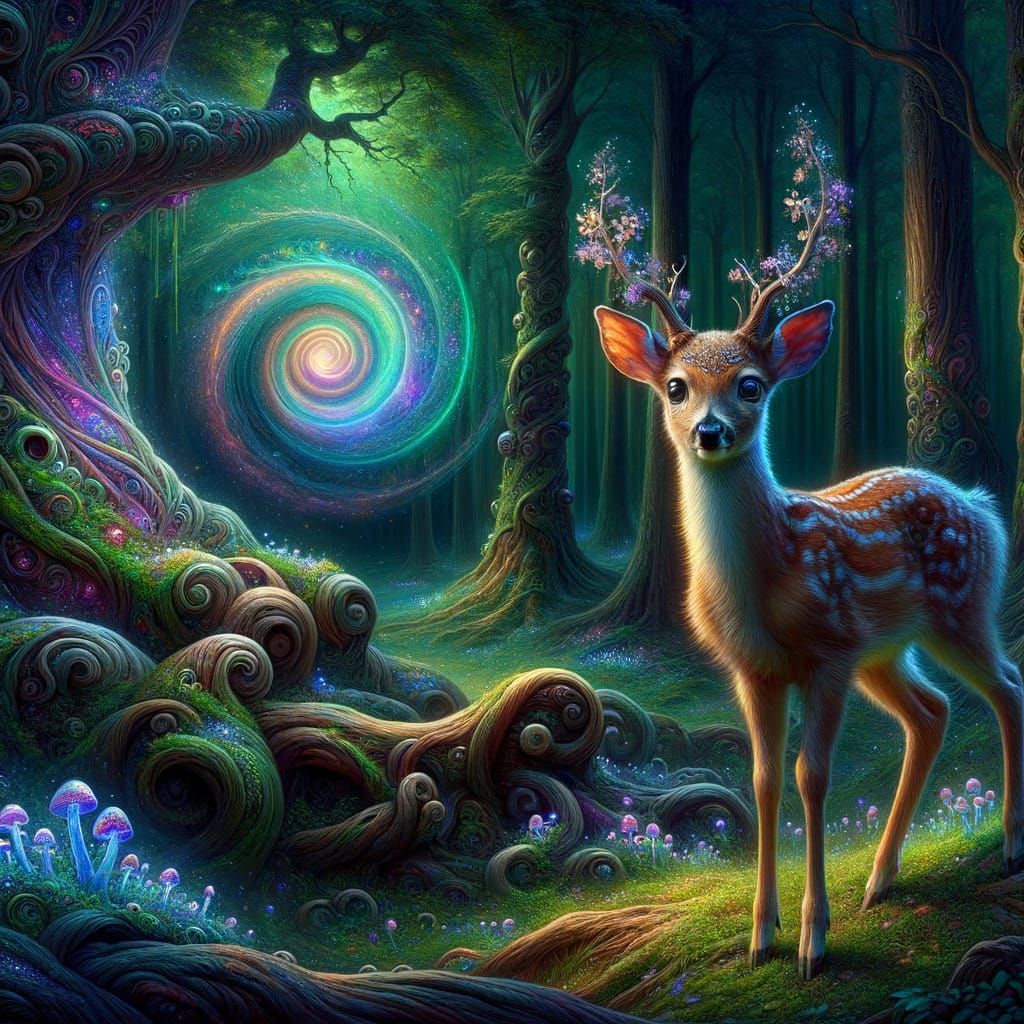 Psychedelic Fawn in Enchanted Forest Clearing - AI Art