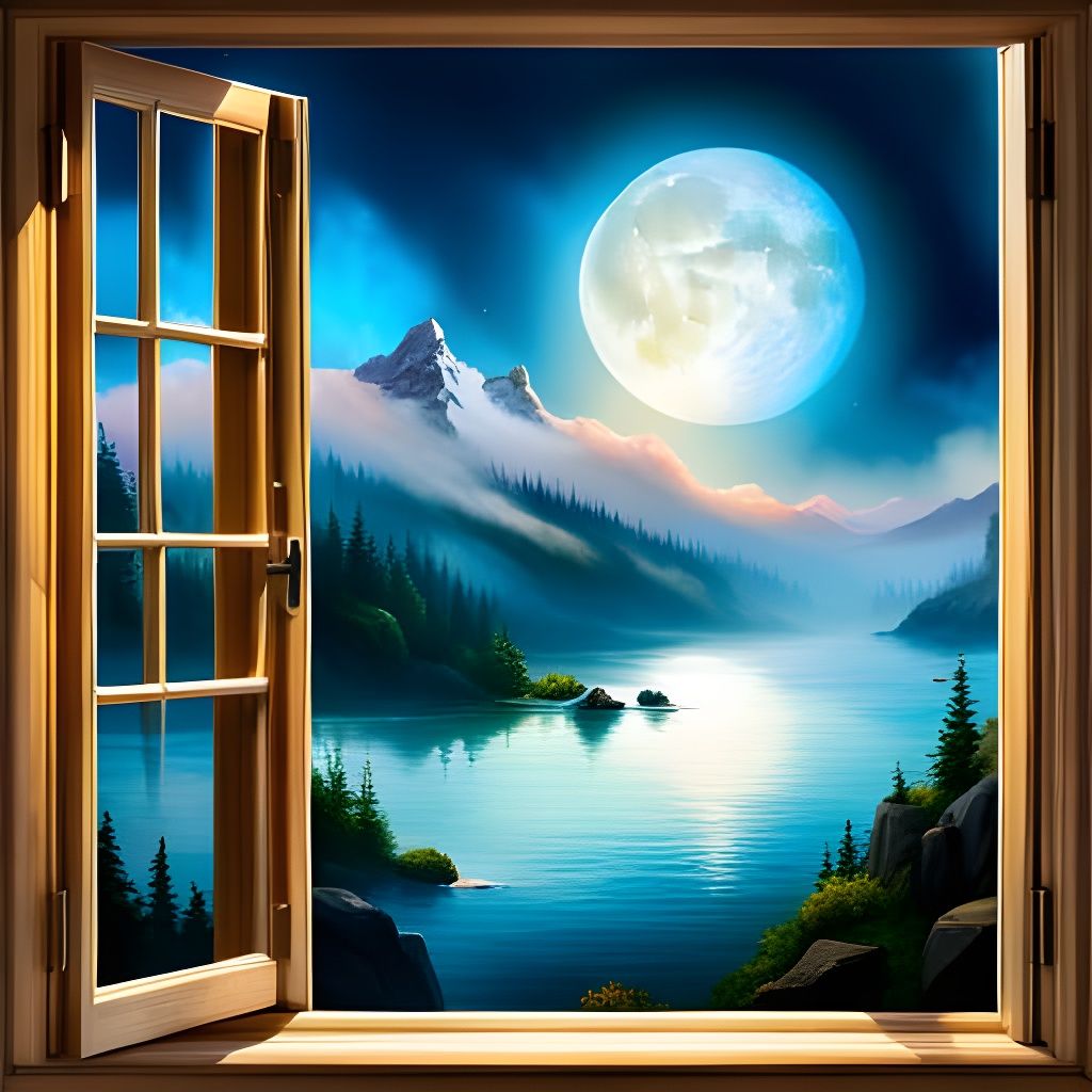 Full Moon Nightsky over a Mountain Lake Window View - AI Generated ...