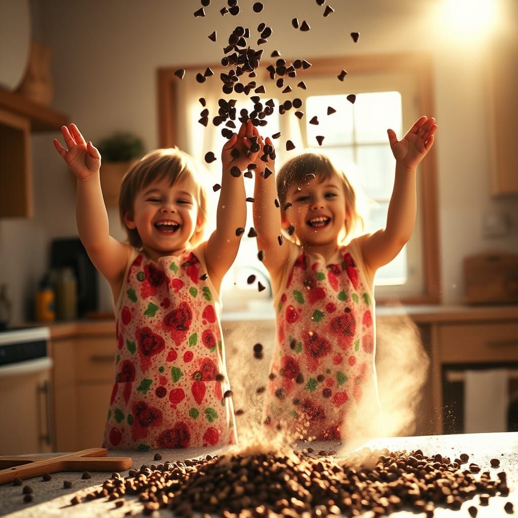 Kids in Colorful Aprons Throw Chocolate in a Vibra... - AI Art