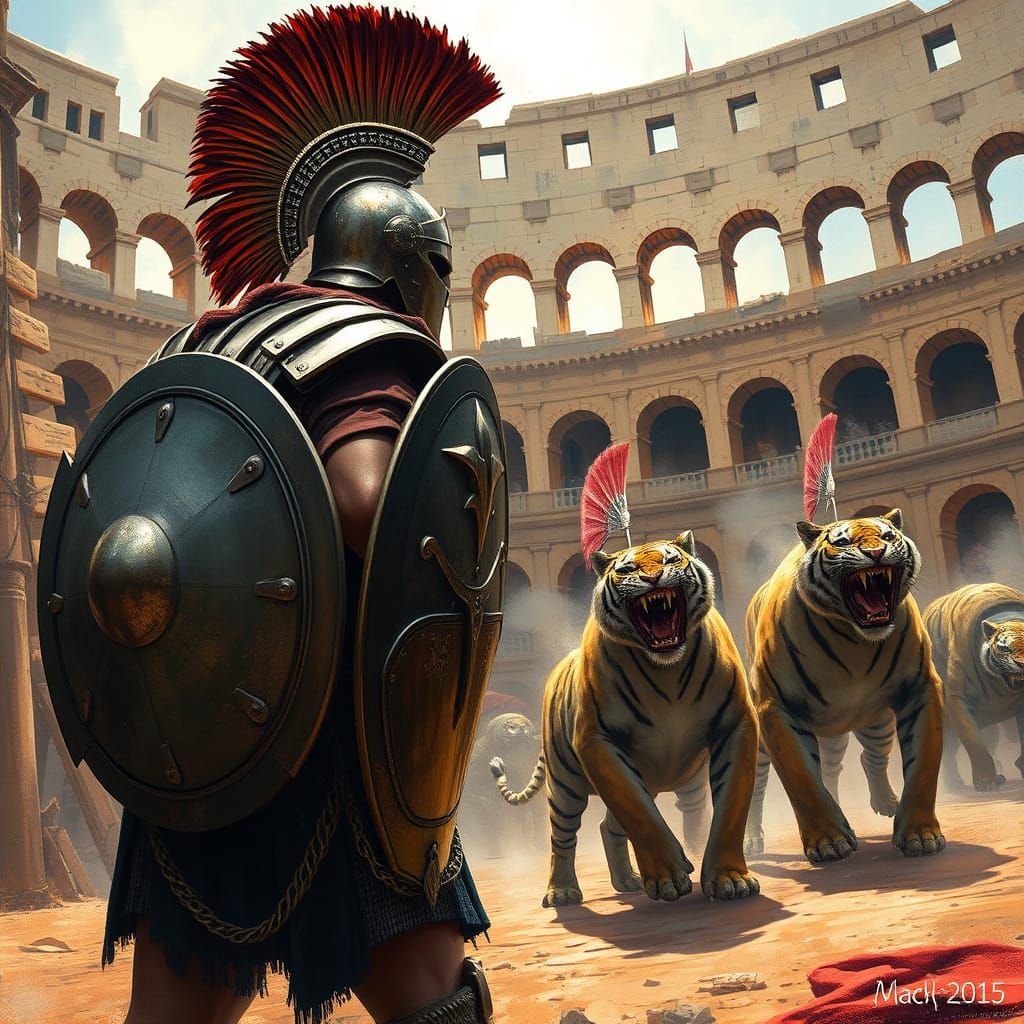 Ancient Gladiator Battles Fierce Tigers in Colosse... - AI Art
