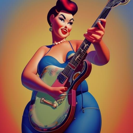 deep color highly detailed painting photoillustration, beautiful voluptuous rockabilly girl with ...