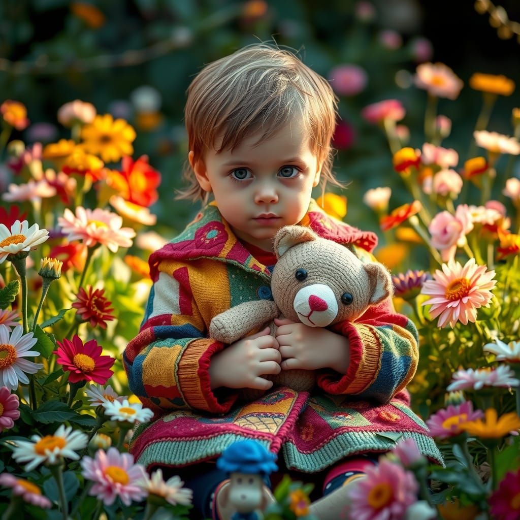 Child in Vibrant Coat of Many-Colored Patches Play... - AI Art