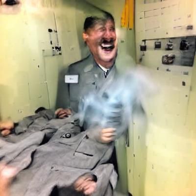 Hitler dies of chemical burns in a dimlit gas chamber and is laughed at ...