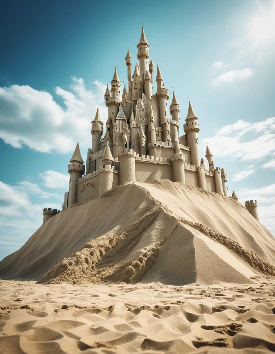 A mega huge life size castle made of sand soaring into the sky, on a ...