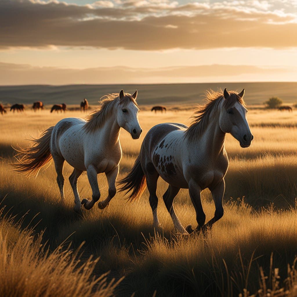 Wild mustangs galloping on the prairie