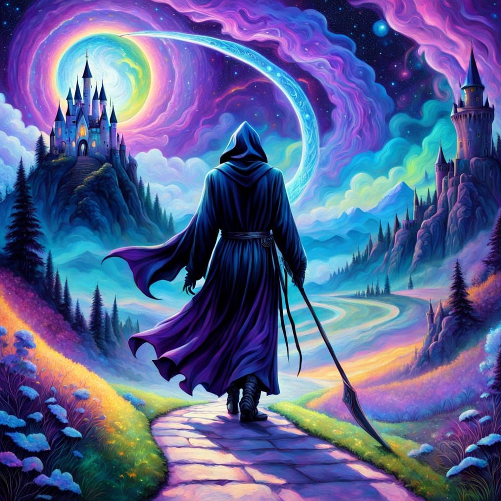 Grim Reaper Walks to Majestic White Castle Under V... - AI Art