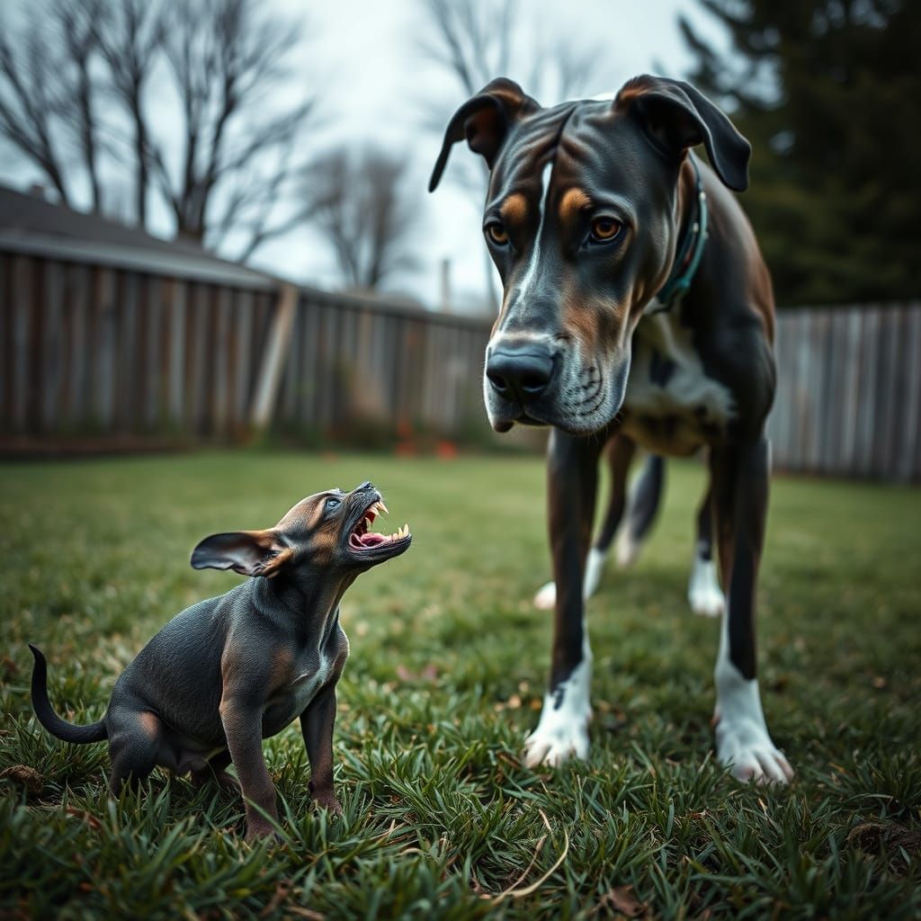 Outside in a yard. A tiny evil miniature dog with fangs growling at a ...