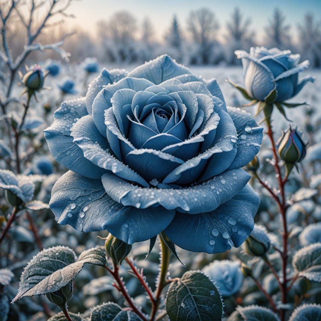 Blue winter rose - Hyper-Realistic Winter Rose in Frosty Win...