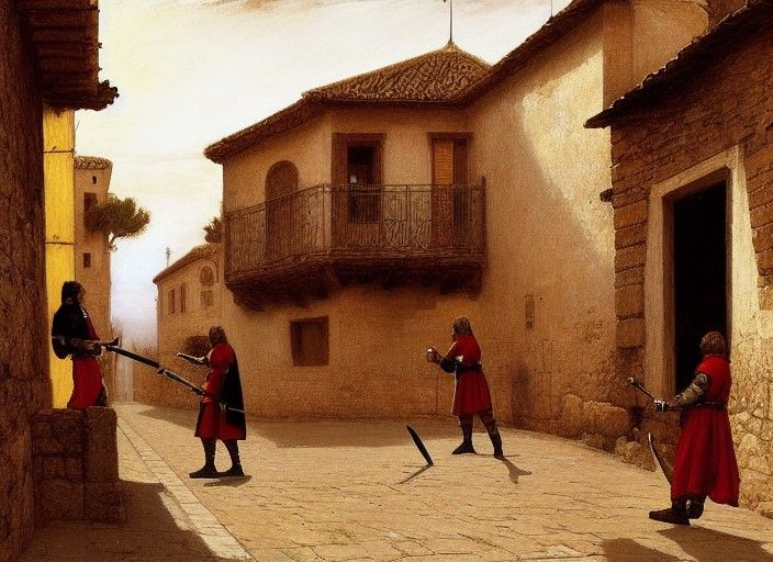 Two knights face standing 10 meters apart from each other on a medieval ...