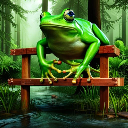 beautiful magnificent detailed wooden billboard ,big shiny glossy frog ...