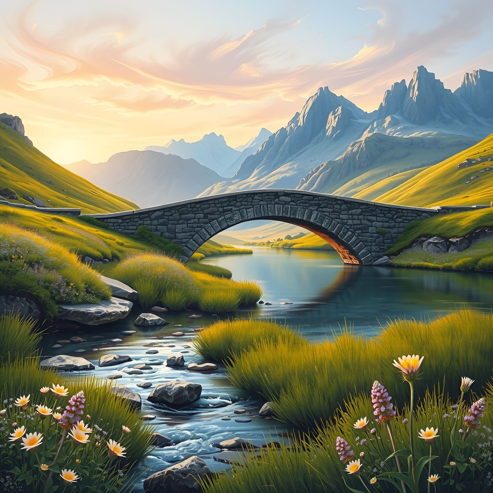 Sun-Kissed Valley Bridge - Ethereal Valley Landscape in Soft...