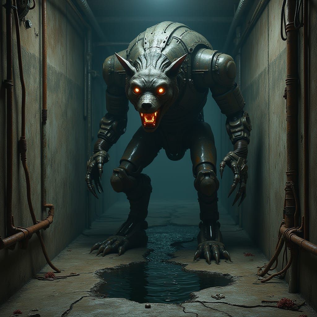 Bio-Mechanoid Werewolf in Dark, Foreboding Sewer L... - AI Art