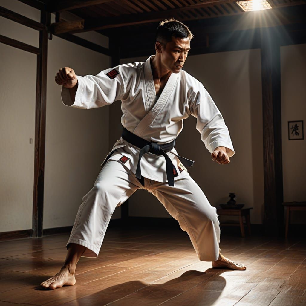 Dojo - Martial Artist in Traditional Dojo, Dynamic Brush St...