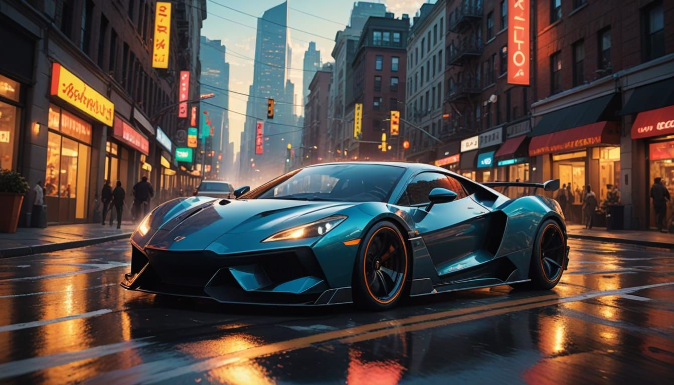 Hyperrealistic Sports Car in Neon-Lit Cityscape - AI Art