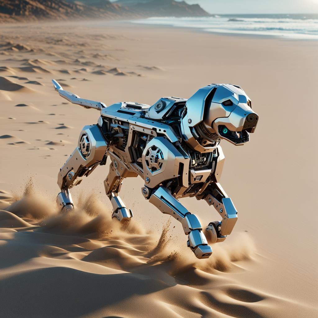 Cyborg dog running on the beach - AI Generated Artwork - NightCafe Creator